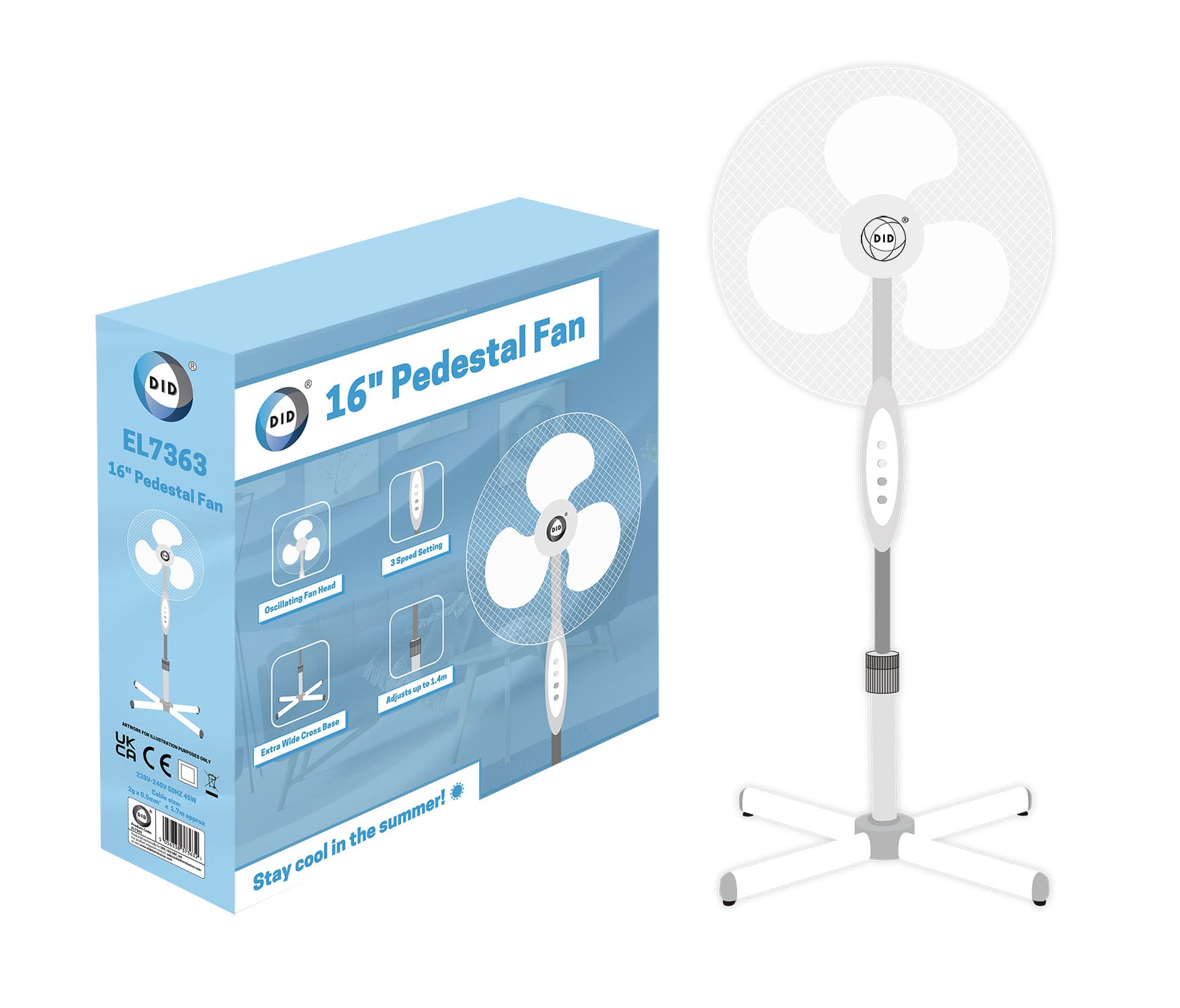 Oscillating 16 Inch Pedestal Cross Base Fan - White